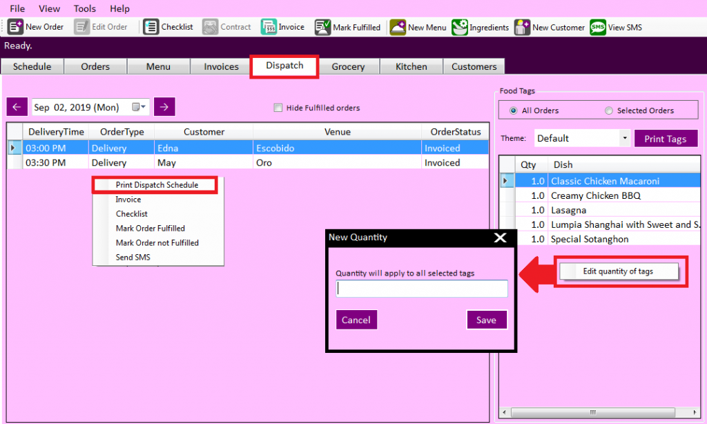 Dispatch Schedule - Best Catering Software - Print Food Tags